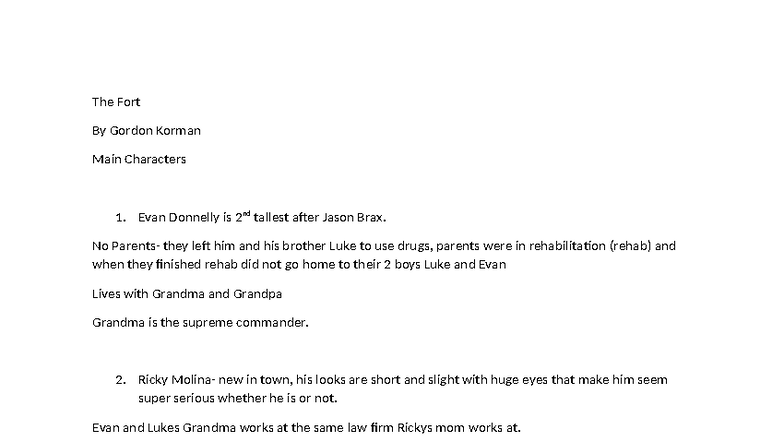 Character Analysis of "The Fort" by Gordon Korman - Essay Notes - Studocu