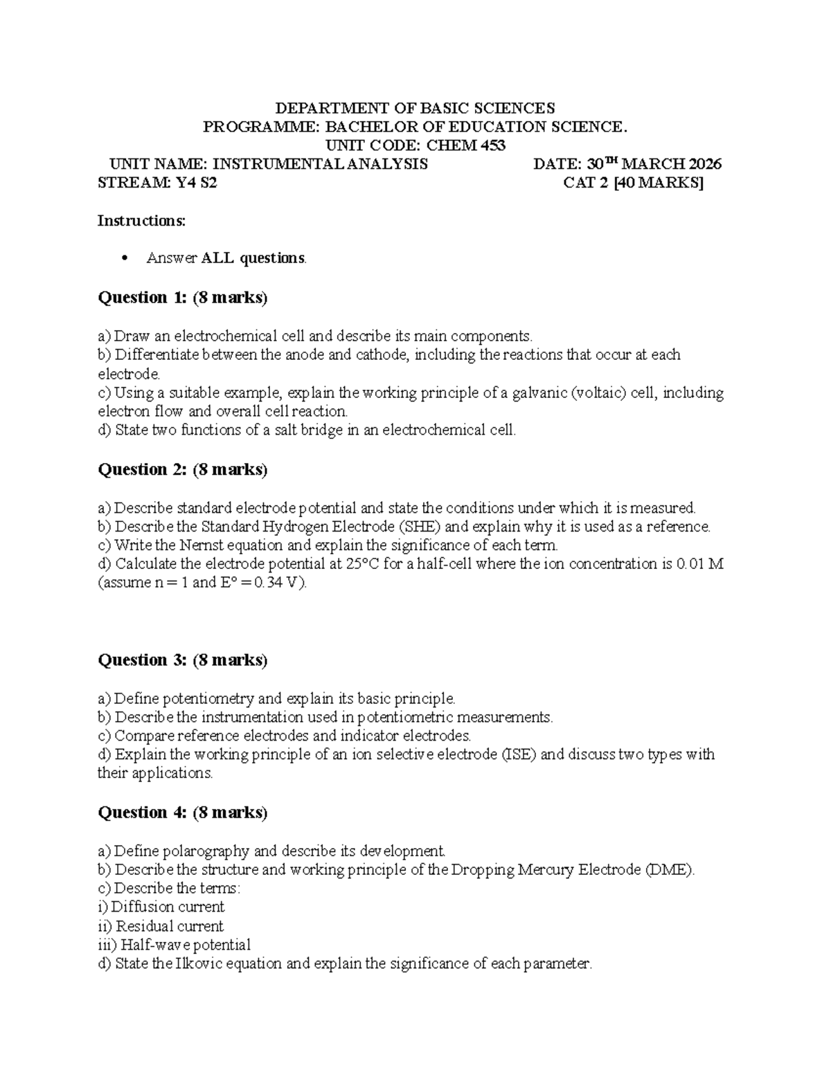 CHEM 453 CAT 2 - Instrumental Analysis Takeaway Exam for Y4 S2 - Studocu