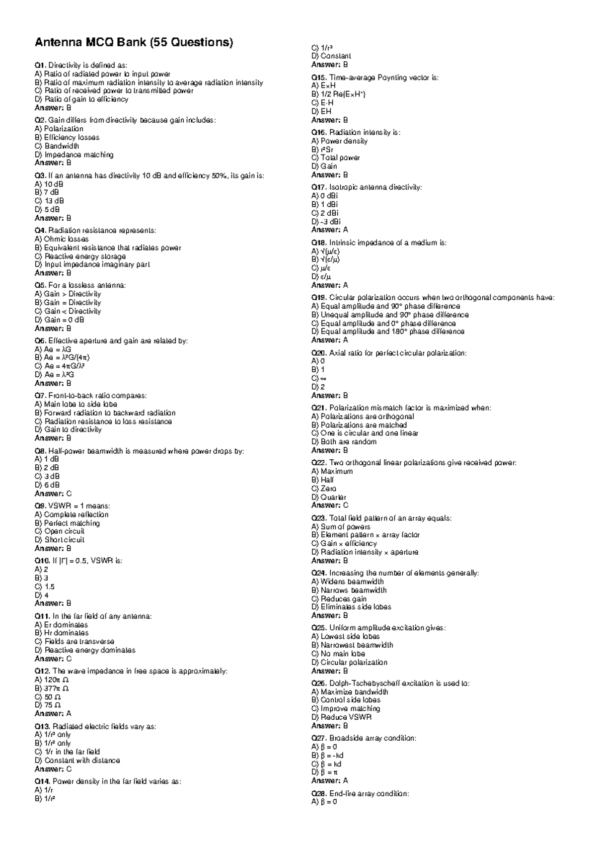 Antenna MCQ Bank (55 Questions) - Full Two Columns - Studocu