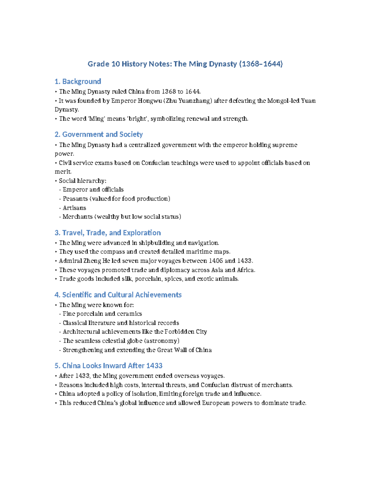 Grade 10 History Notes: The Ming Dynasty Overview and Achievements ...