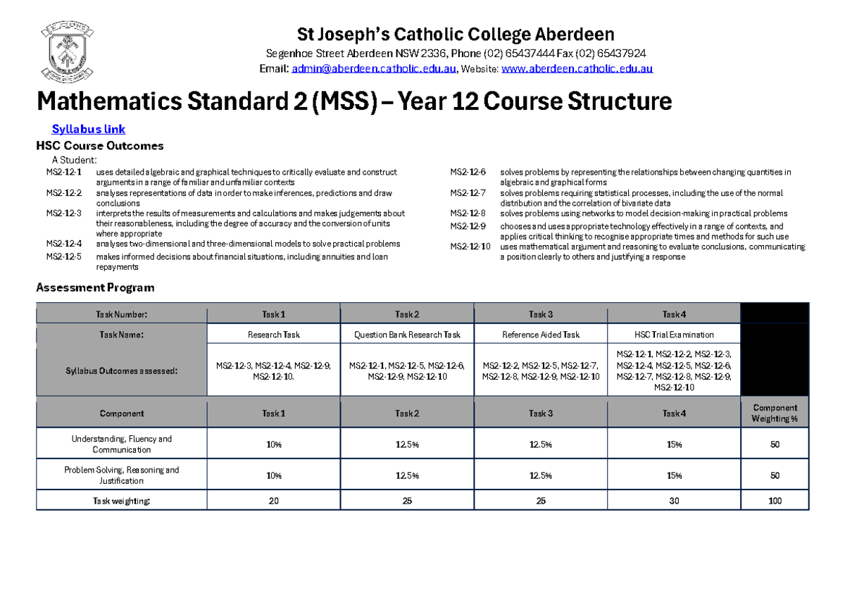 Mathematics Standard 2 (MSS) Year 12 Course Structure & Assessment ...