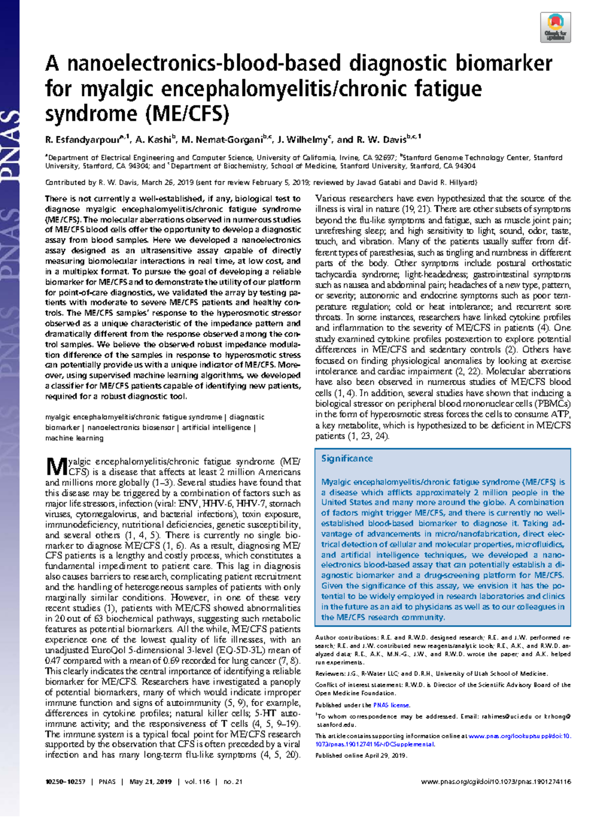 A Nanoelectronics Diagnostic Biomarker for Myalgic Fatigue Syndrome ...