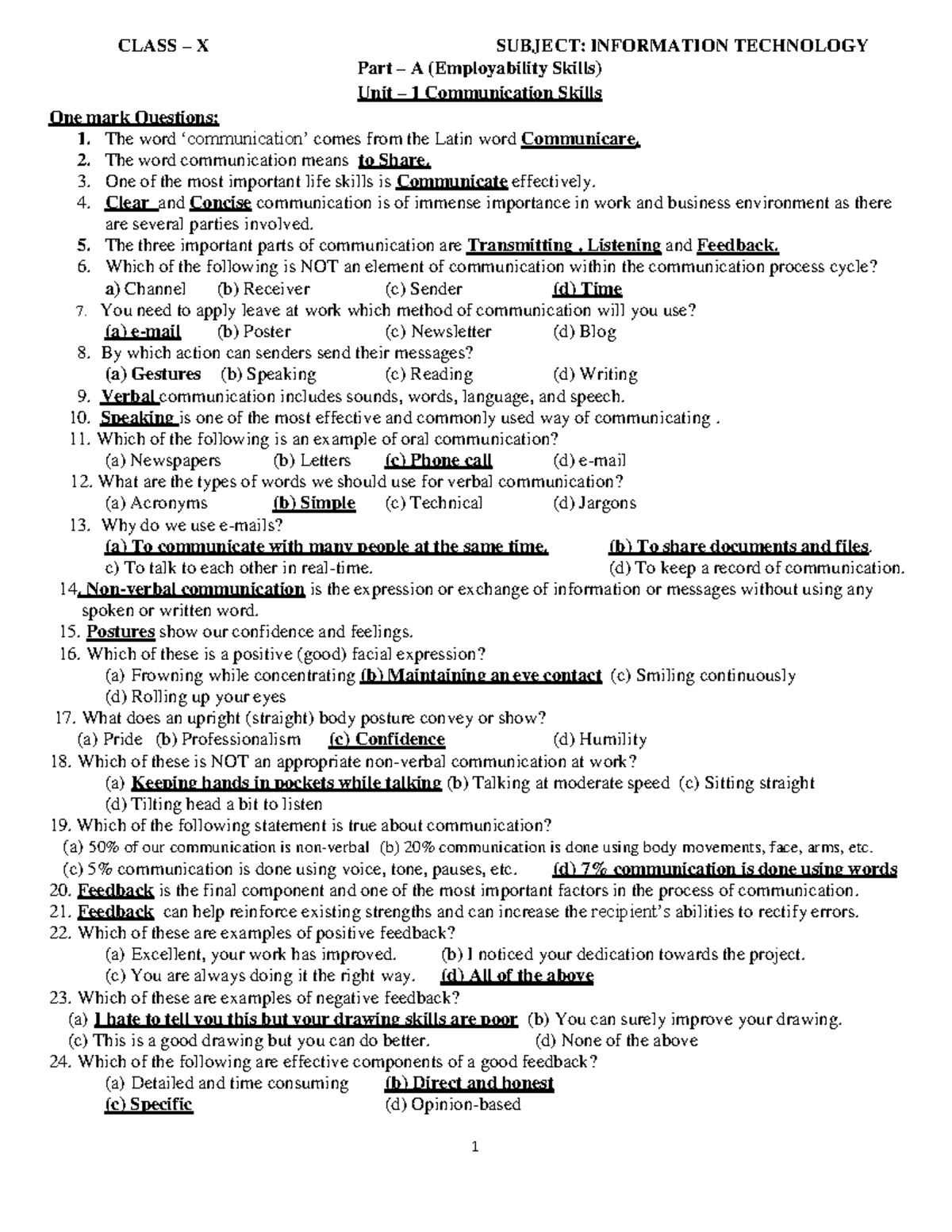Emp IT Class X: Unit 1 Communication Skills - One Mark Questions - Studocu