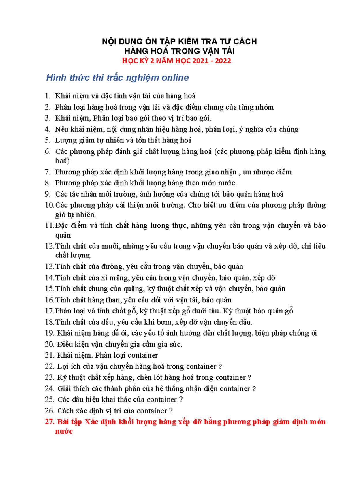 Ôn Tập Kiểm Tra Tư Cách - Hàng Hoá Trong Vận Tải - ÁDFSDF - Studocu