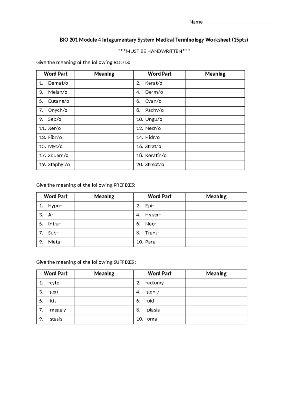 BIO 201 Module 4 Integumentary System Med Term Worksheet (15pts) - Studocu