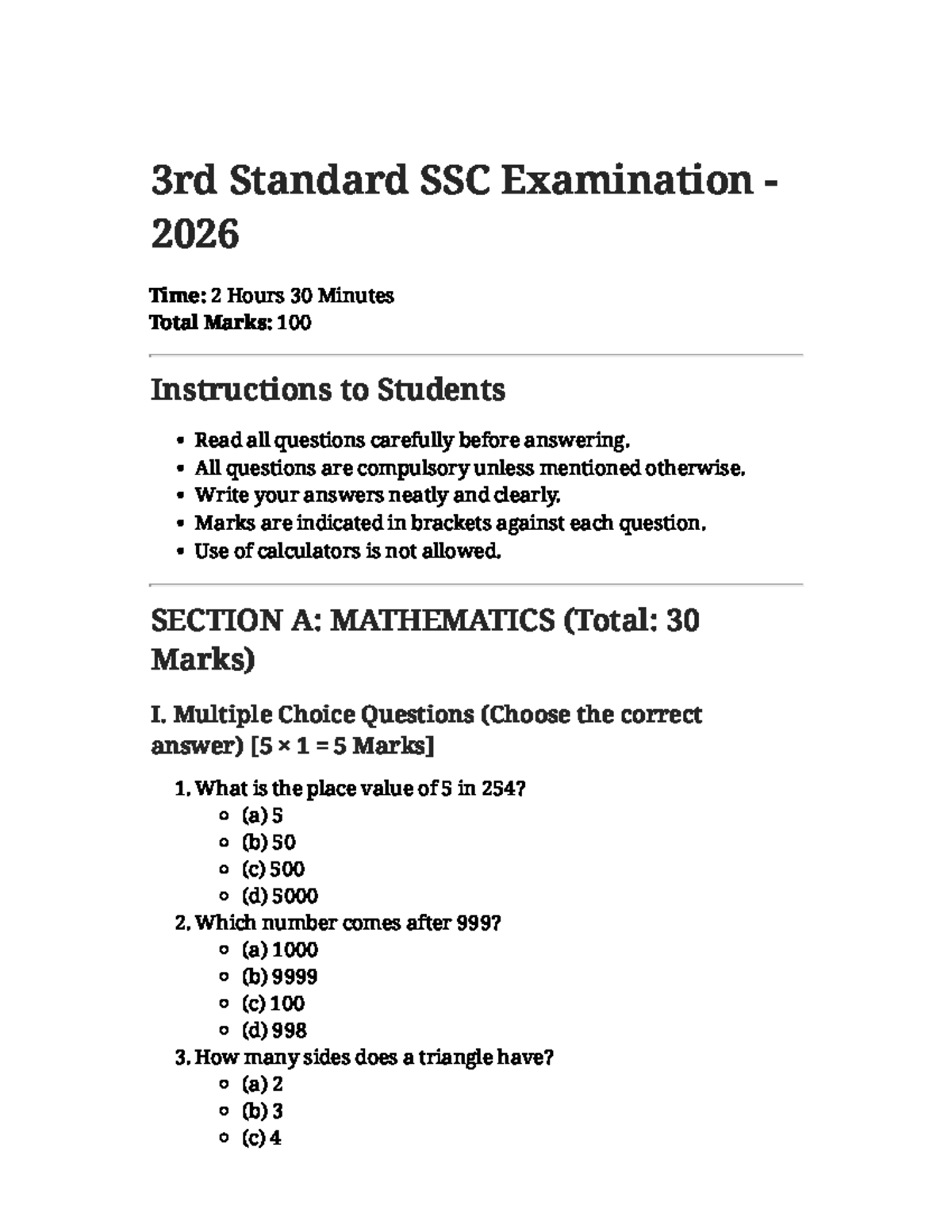 3rd Standard SSC Exam 2026: Math & EVS Question Paper - Studocu