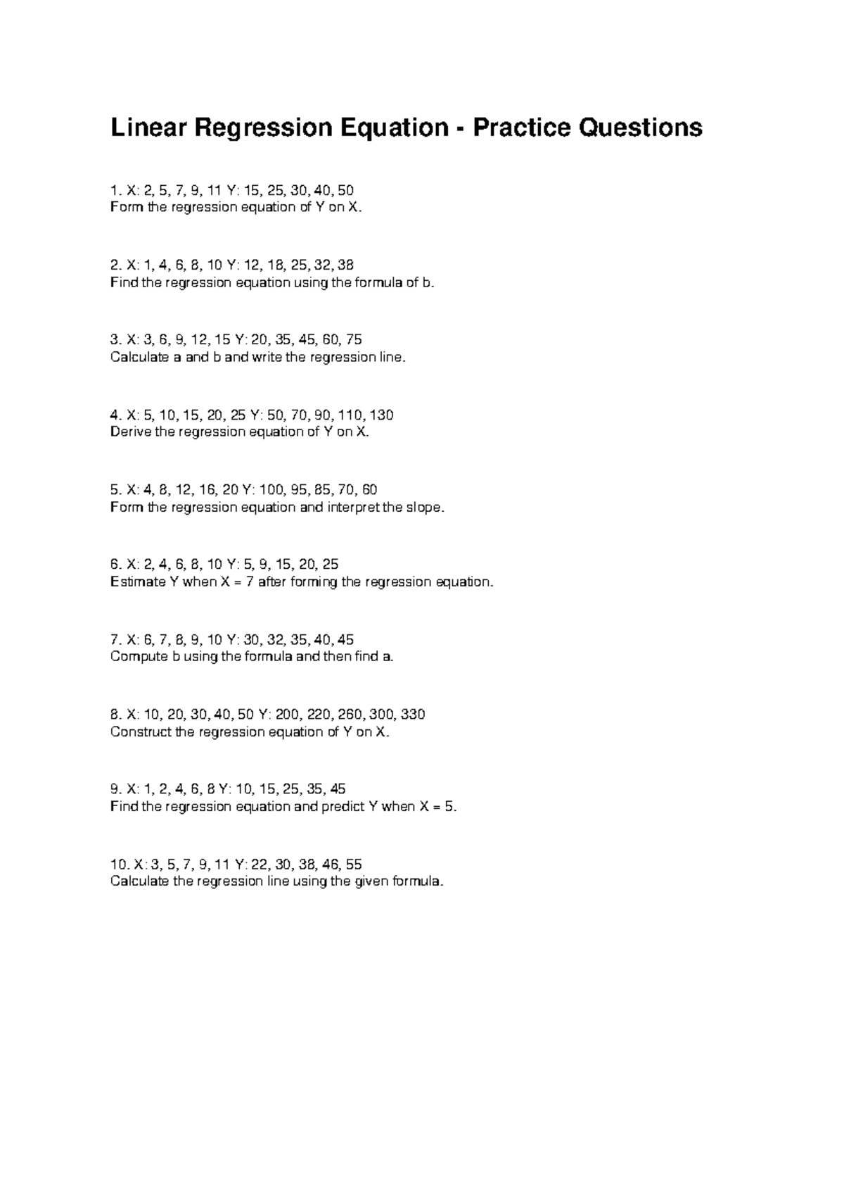 Linear Regression Practice Questions for Statistics 101 - Studocu