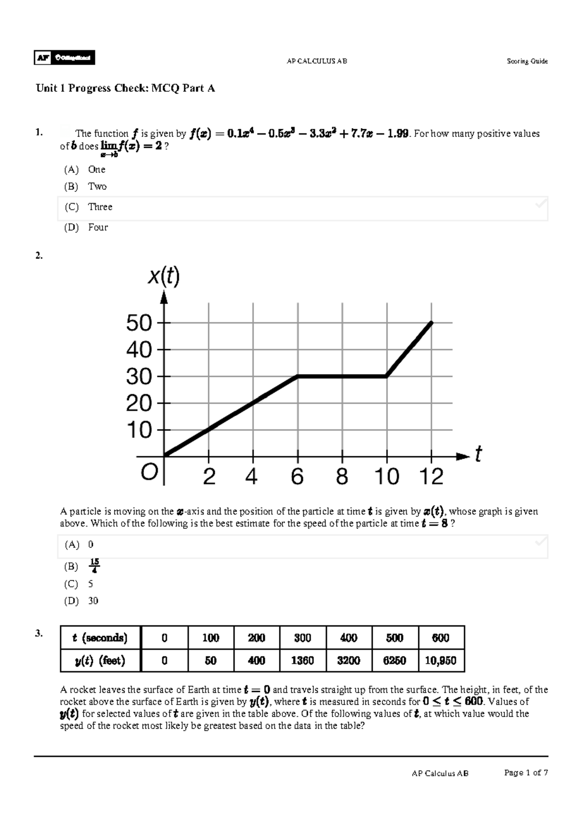 AP Calculus AB Unit 1 Progress Check: MCQ Part A Scoring Guide - Studocu