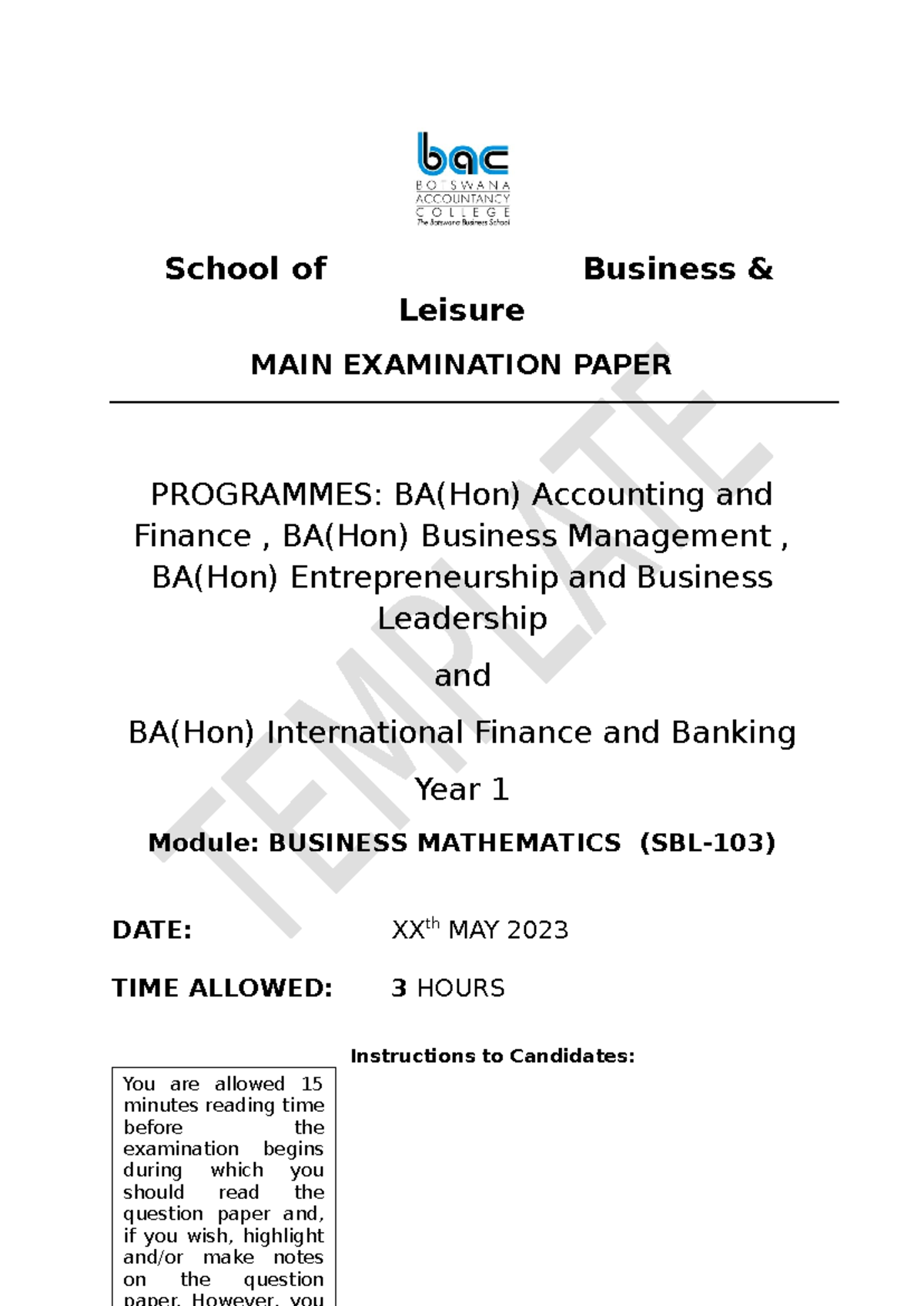 Business Mathematics MAIN EXAMINATION PAPER - BA(Hon) Programs 2023 ...
