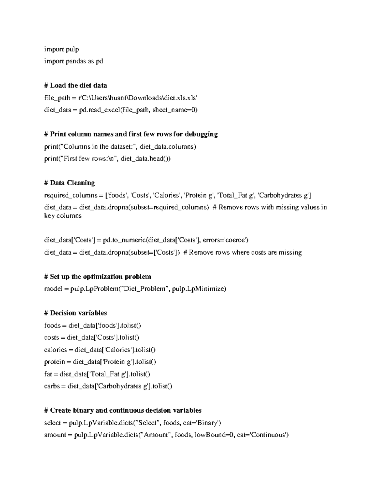 Homework 11 - Diet Optimization Model with Python - Studocu
