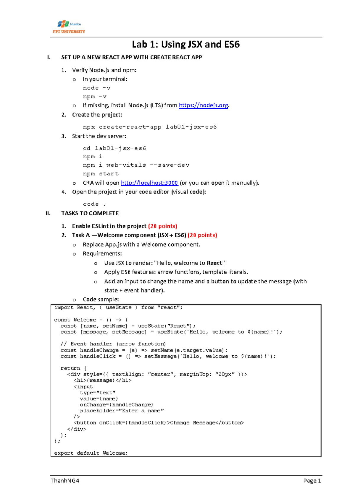Lab 1: Setting Up a React App with JSX & ES6 (FER202) - Studocu