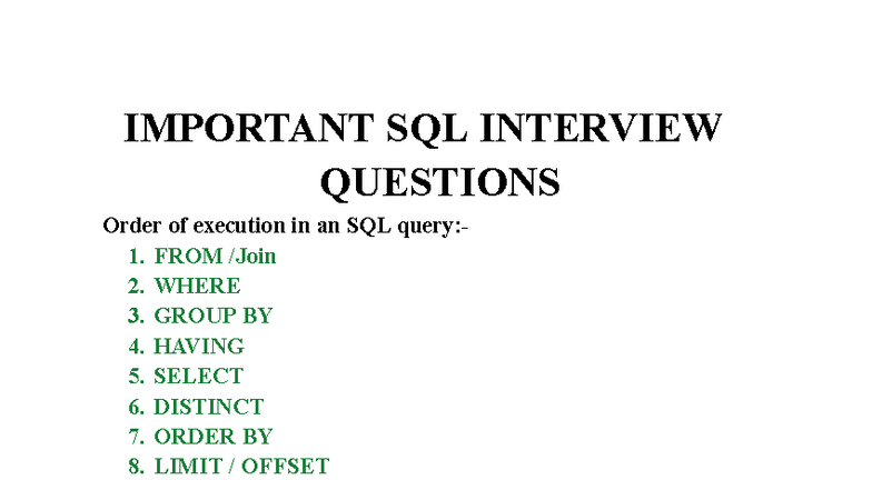 Top SQL Interview Questions: Order of Execution & Solutions - Studocu