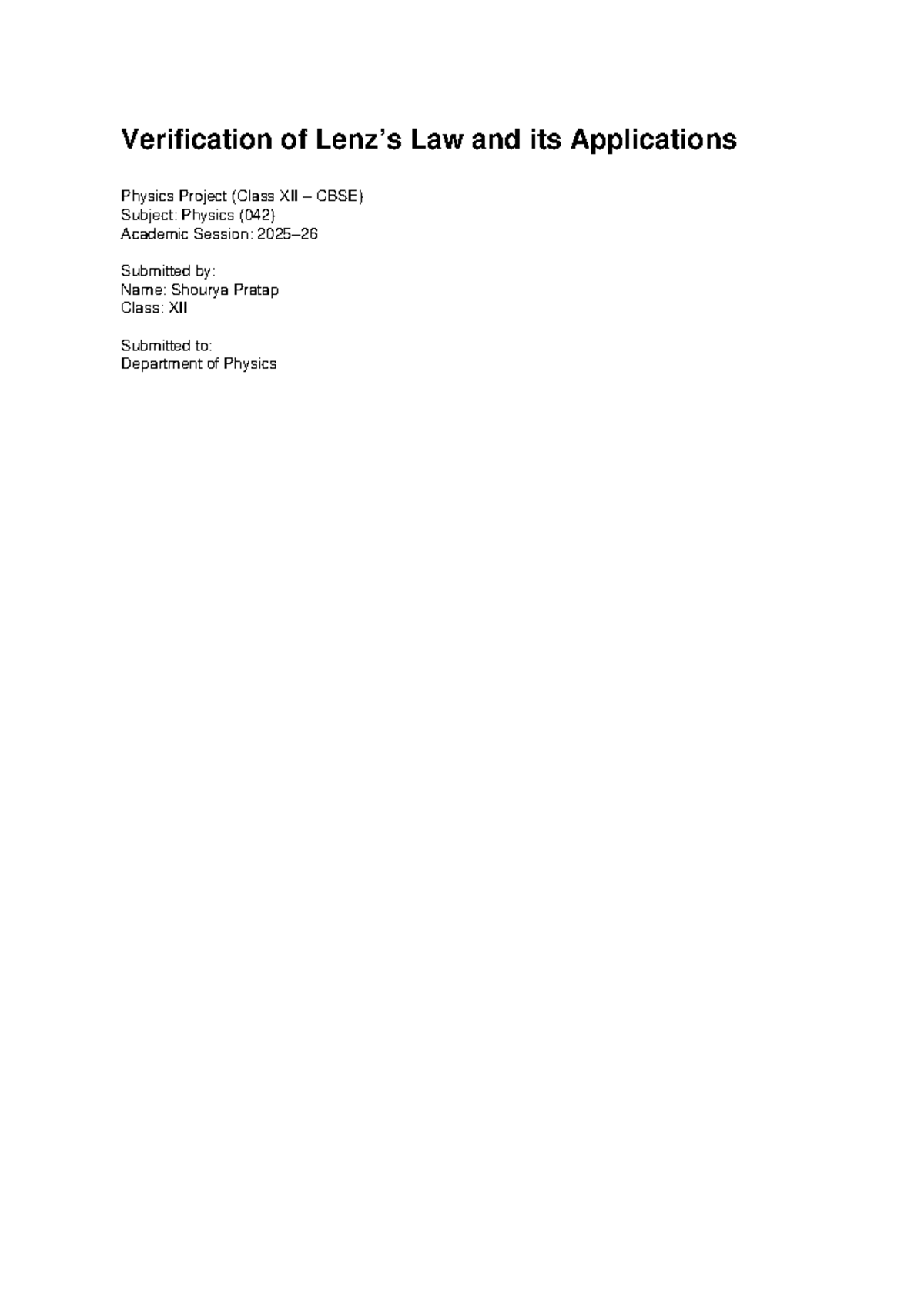 Lenz Law and Its Applications Physics Project (Class XII CBSE) - Studocu