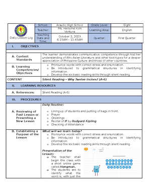 LESSON PLAN IN SILENT READING - I. OBJECTIVES A. Content Standards The ...
