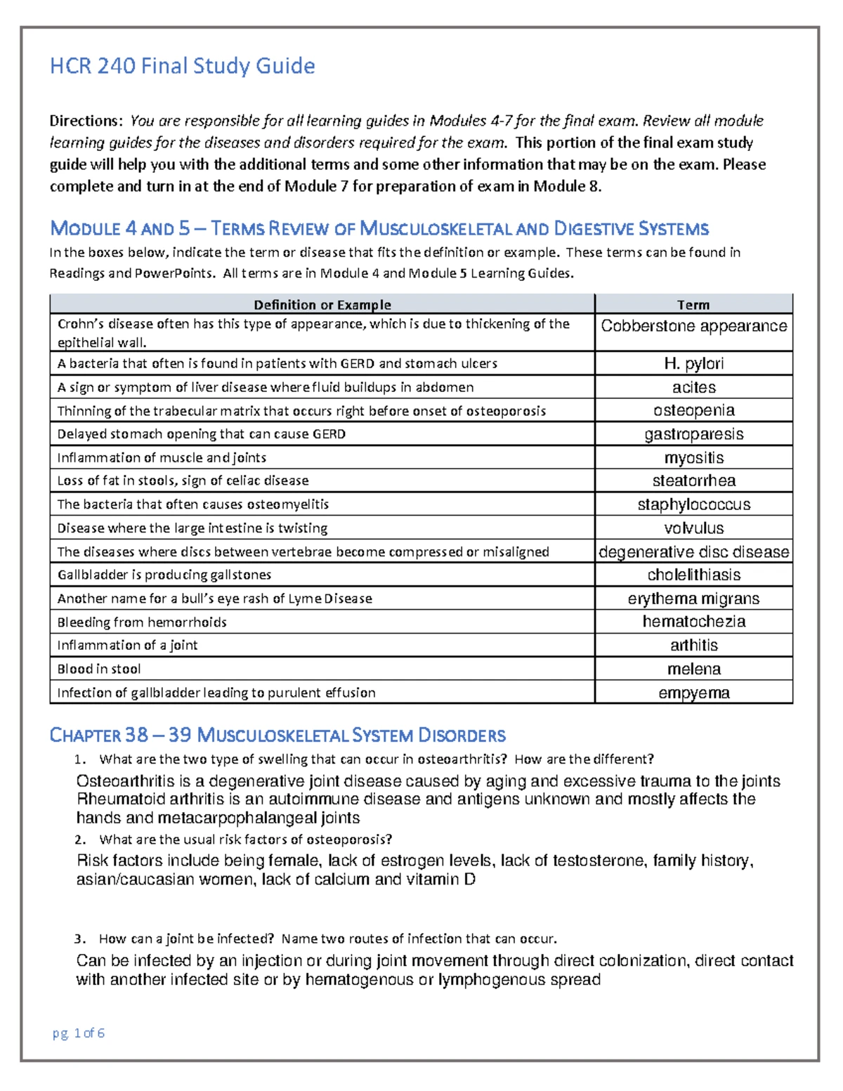 HCR 240 Module 3 Midterm Study Guide: Key Diseases & Terms - Studocu