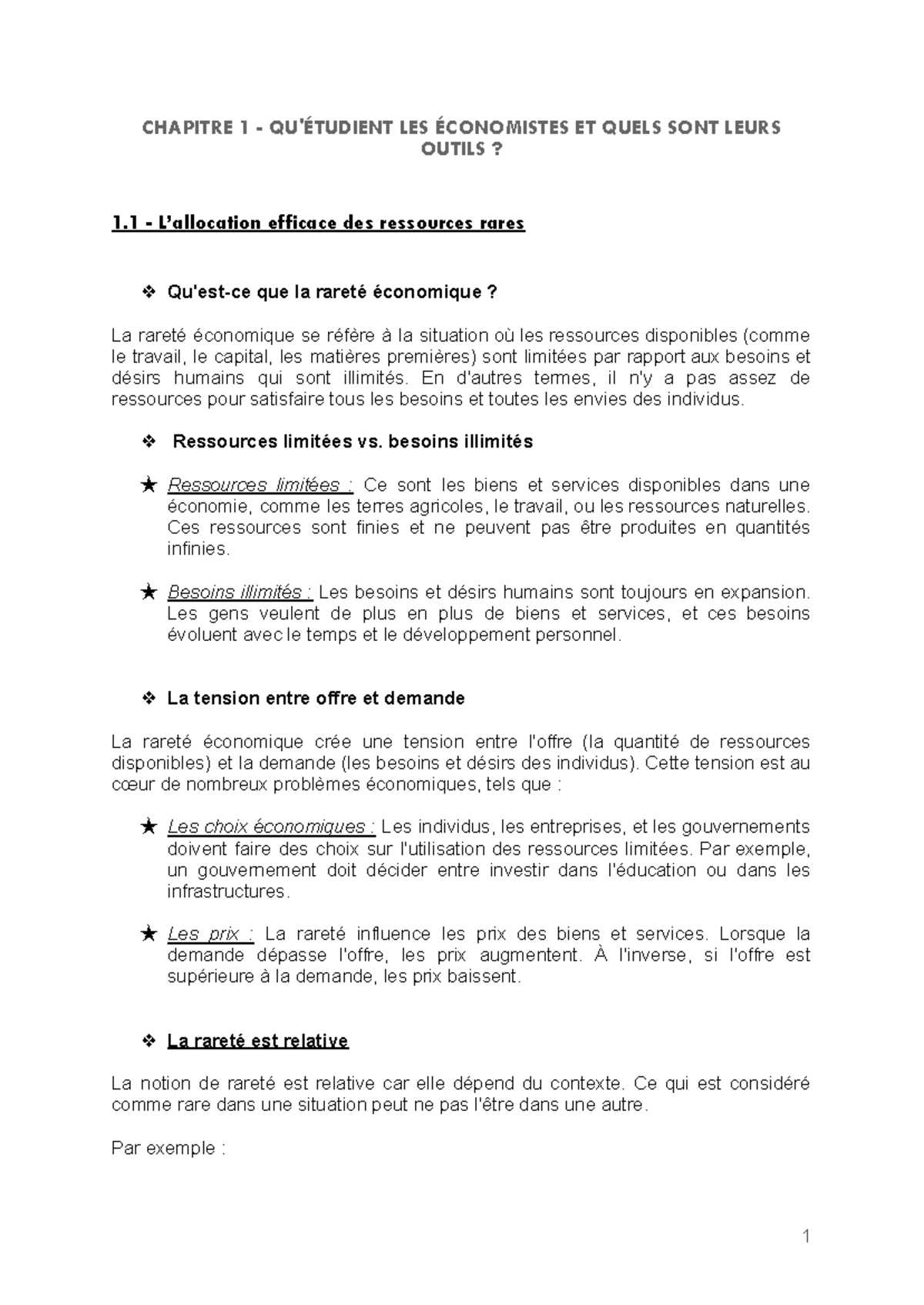 SES2 - Synthèse Économique - Chapitre 1: Rareté et Outils - Studocu