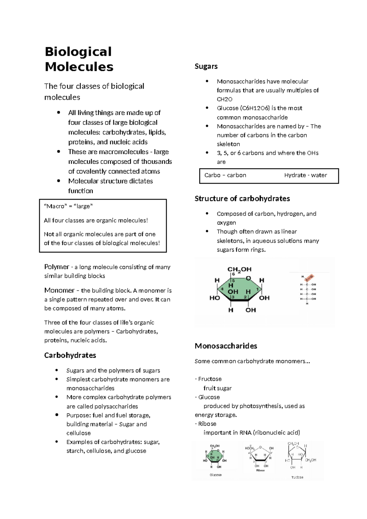 General Biology - Biological Molecules The four classes of biological ...