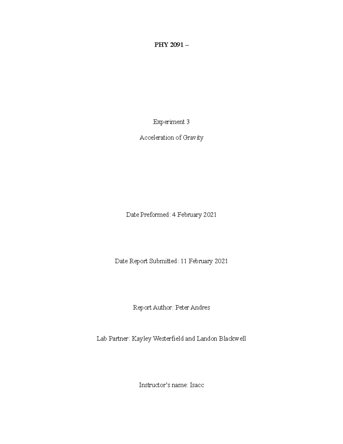 Acceleration Due to Gravity Lab Report - PHY 2091 – Experiment 3 ...