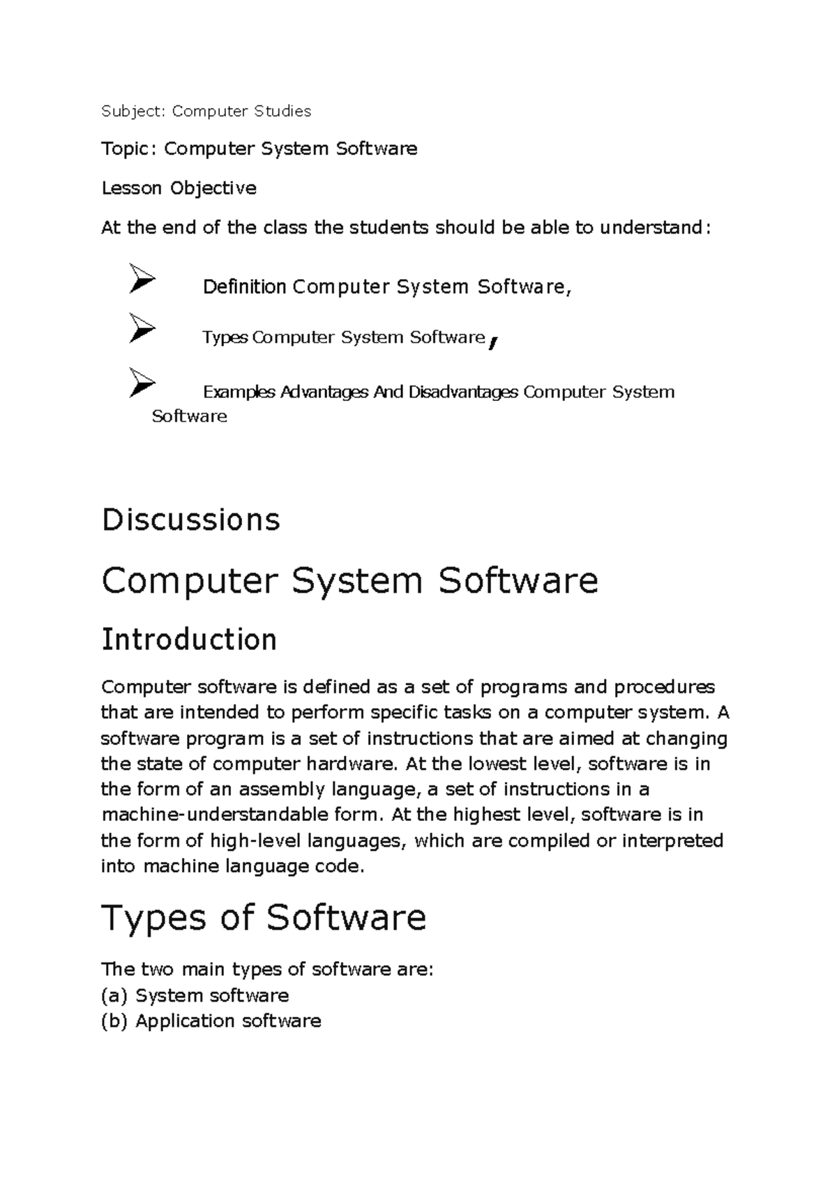 Computer Studies: Understanding Computer System Software Lesson - Studocu