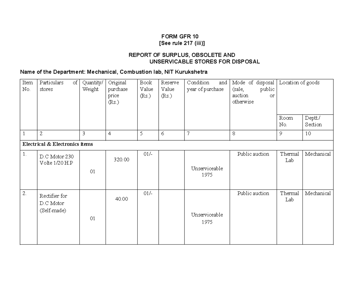 GFR Form 10: Report on Surplus & Unserviceable Stores - Comb Lab - Studocu