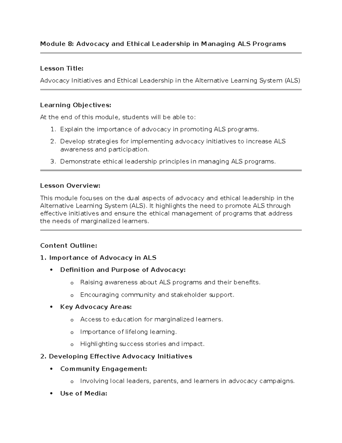 Module 8: Advocacy & Ethical Leadership in ALS Programs - Studocu
