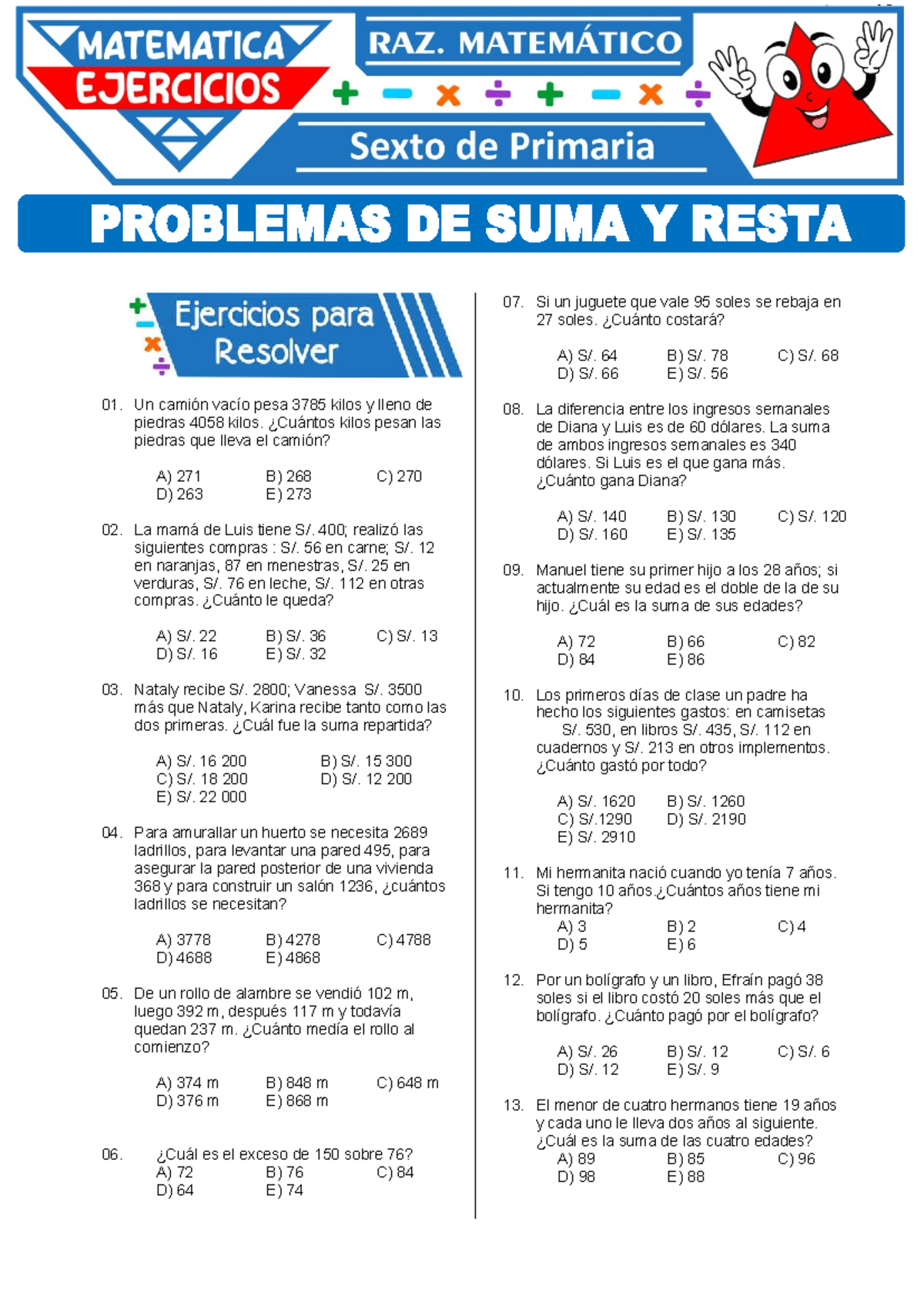 Ejercicios de Suma y Resta para 6to Grado - Matematica - Studocu