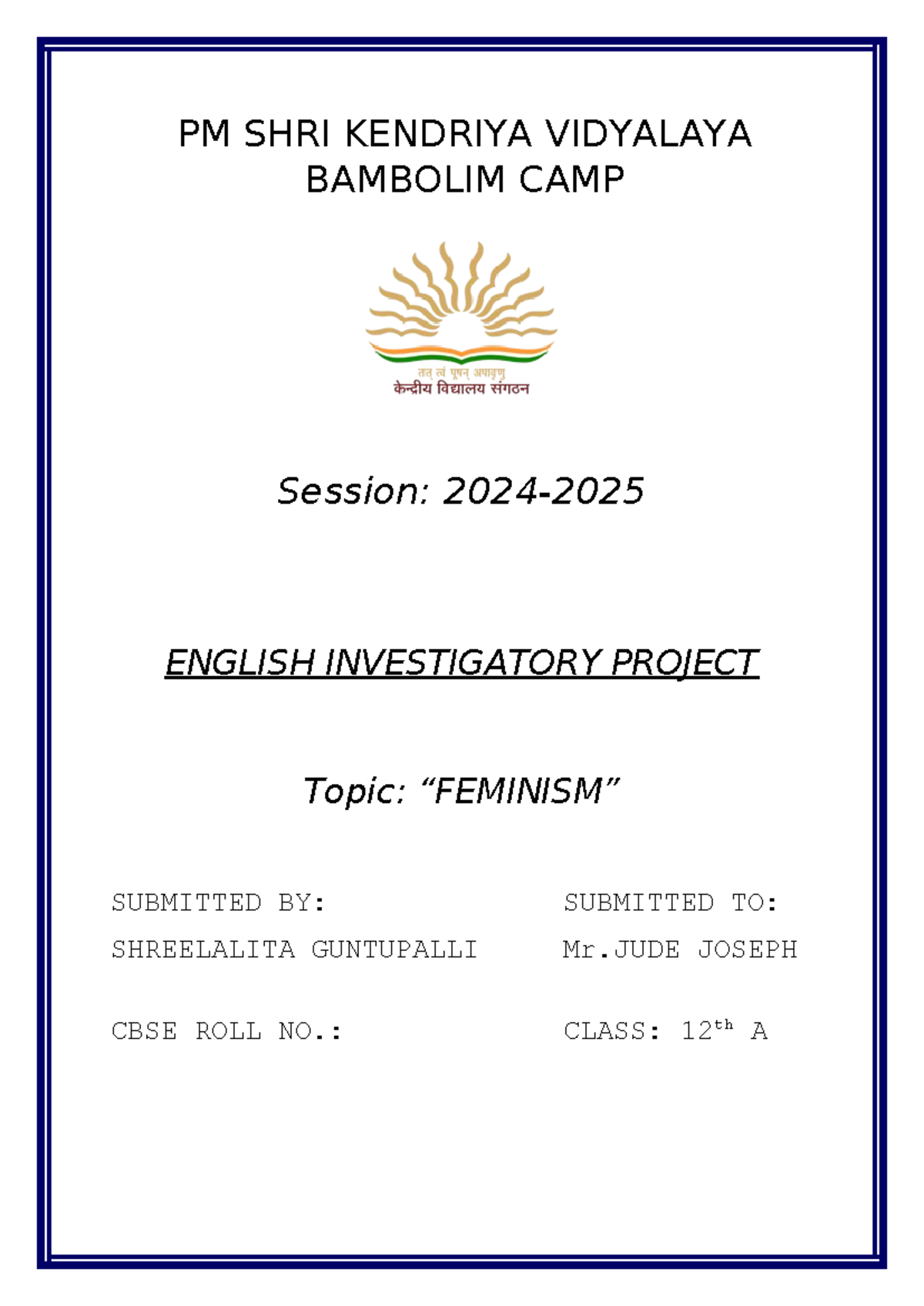 English 241218 - Investigatory Project on Feminism for Class 12 - Studocu