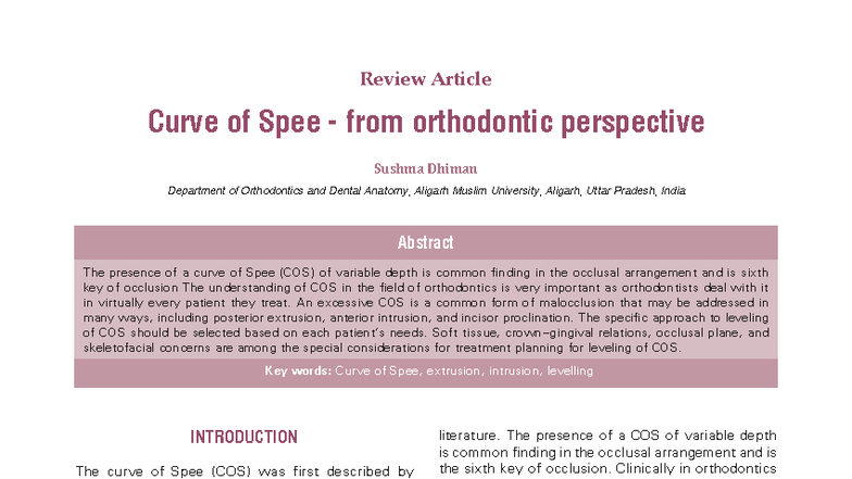IJDENT 6: Review of Curve of Spee in Orthodontics - Studocu