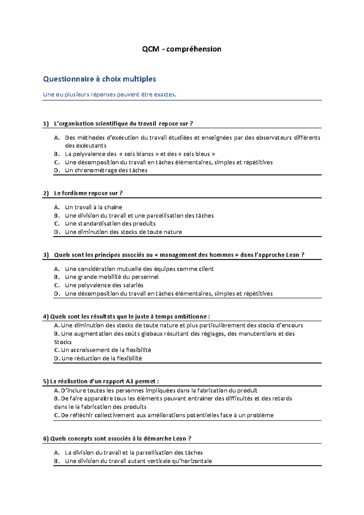 QCM 2 - QCM - compréhension Questionnaire à choix multiples Une ou ...