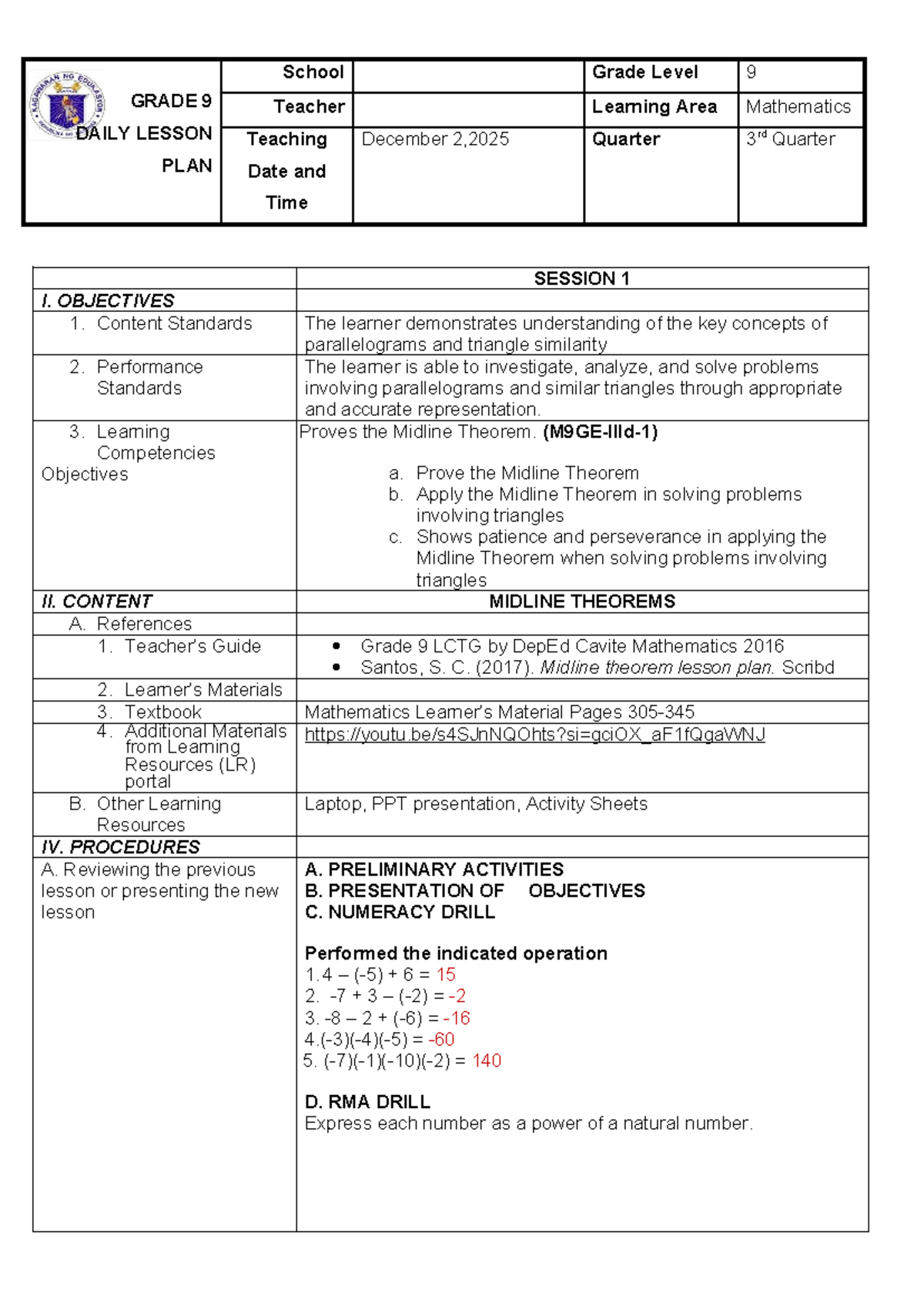 GRADE 9 Mathematics Lesson Plan: Midline Theorem (Week 5, Session 1 ...