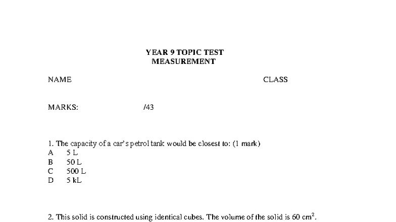 YEAR 9 MEASUREMENT TOPIC TEST: CLASS 1 QUESTIONS & MARKS - Studocu