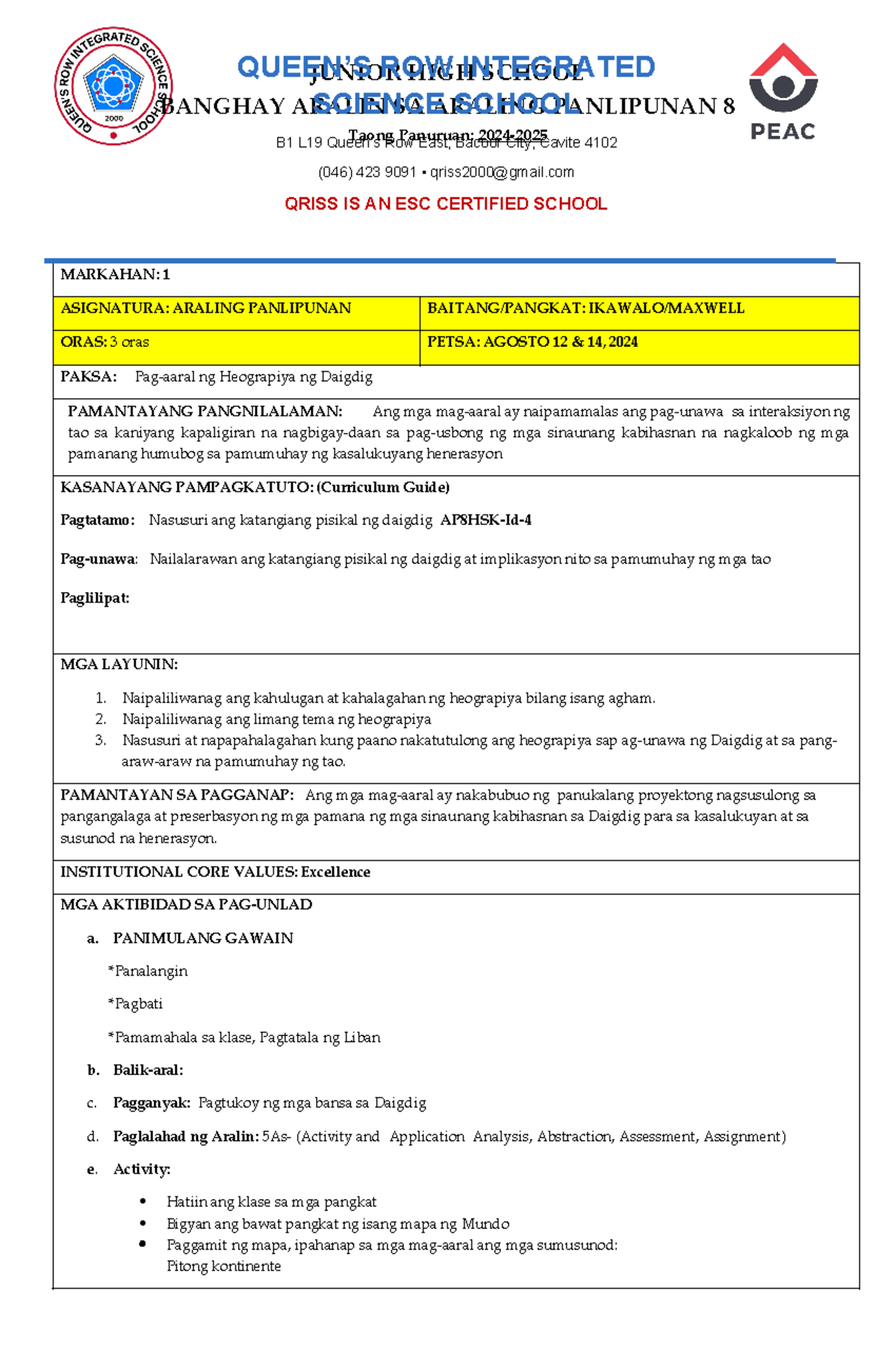AP 8 LP WEEK 1 - LEARNING PLAN IN AP8 W1 - JUNIOR HIGH SCHOOL BANGHAY ARALIN SA ARALING ...