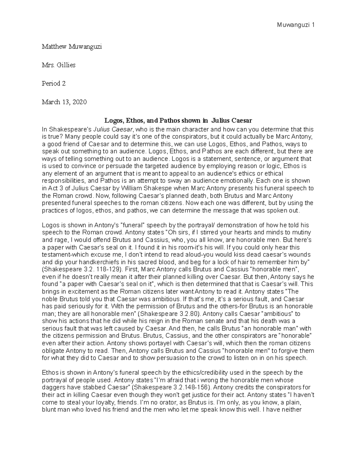 Logos, Ethos, and Pathos in Marc Antony's Speech - Julius Caesar ...