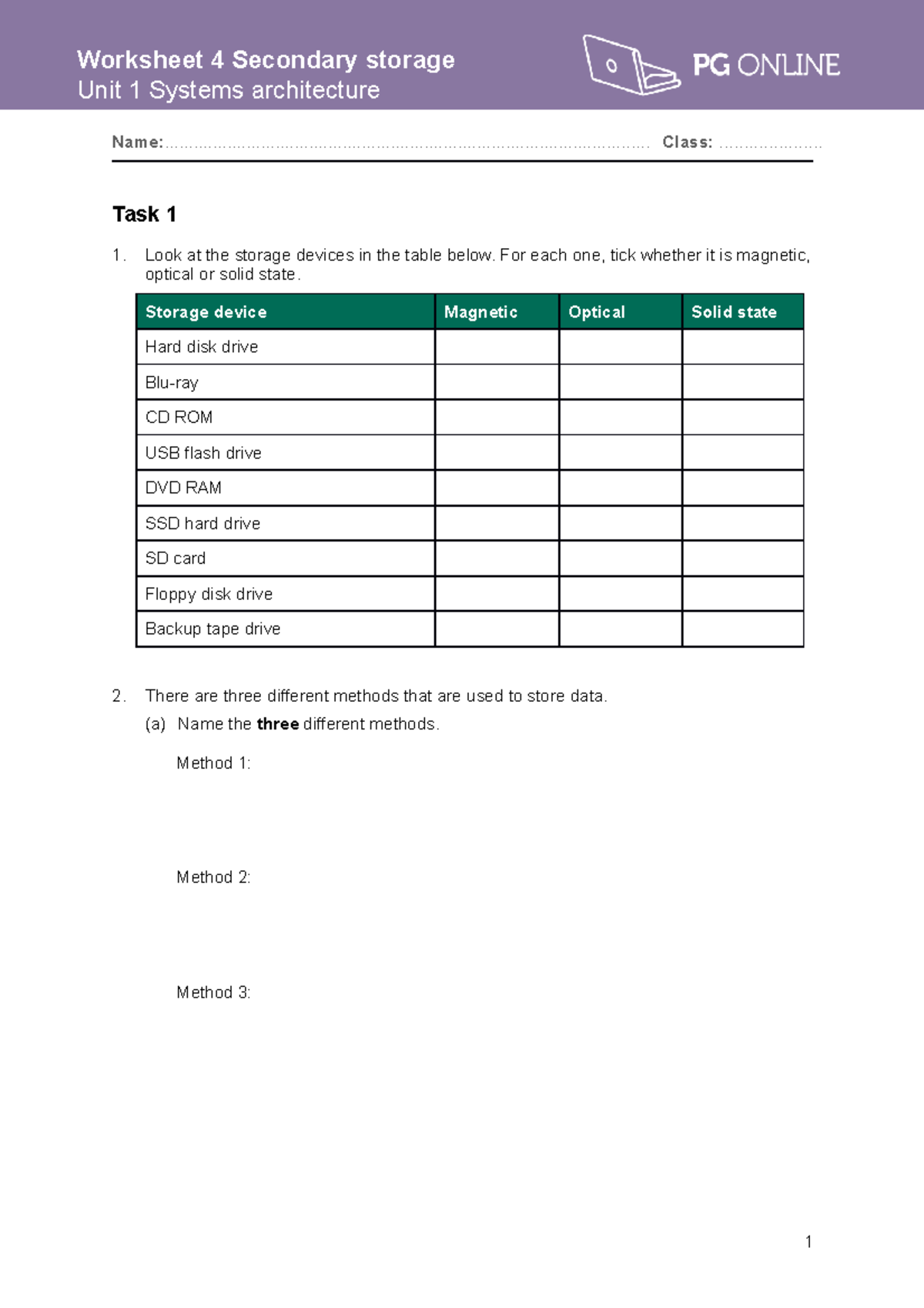 Secondary Storage Worksheet 4: Storage Devices and Data Methods - Studocu