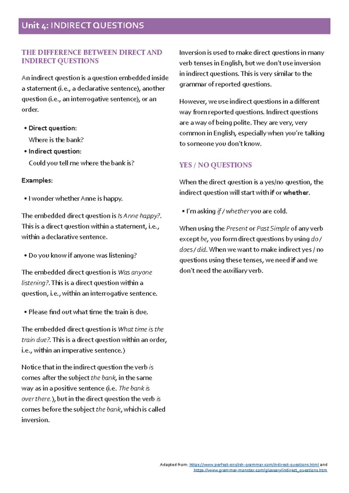 Unit 4: Indirect Questions vs Direct Questions in English Grammar - Studocu