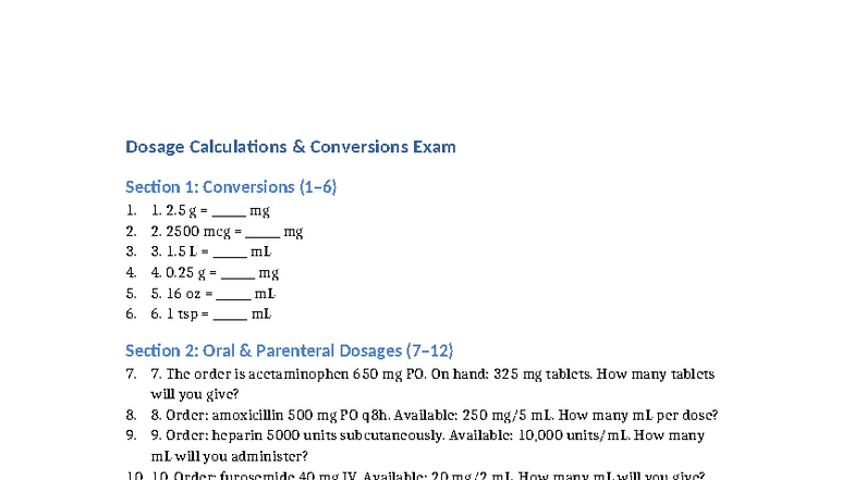 Dosage Calculations Exam (NURS 101) with Answer Key - Studocu