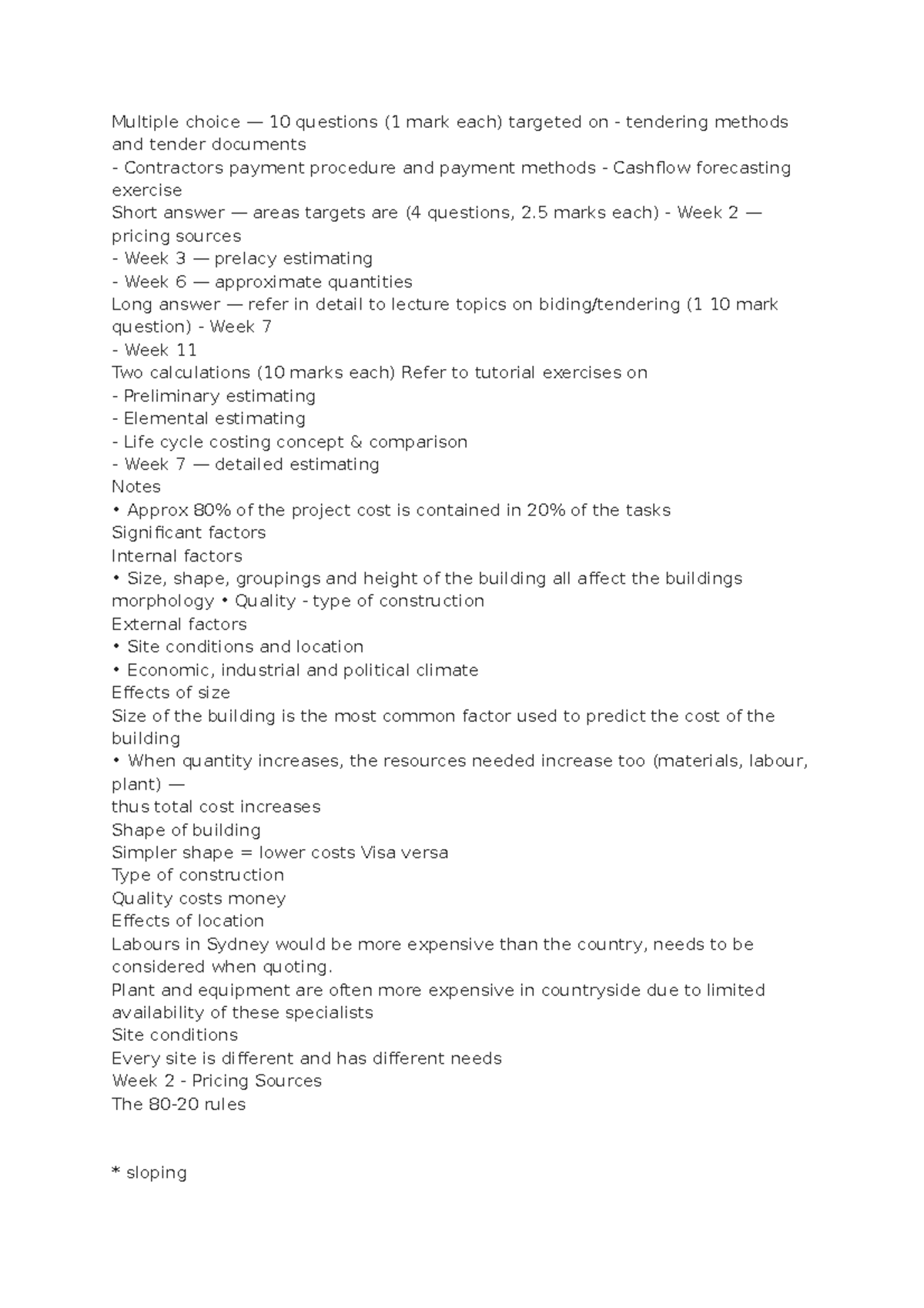 Estimating Methods & Tendering Processes Notes (Course Code) - Studocu