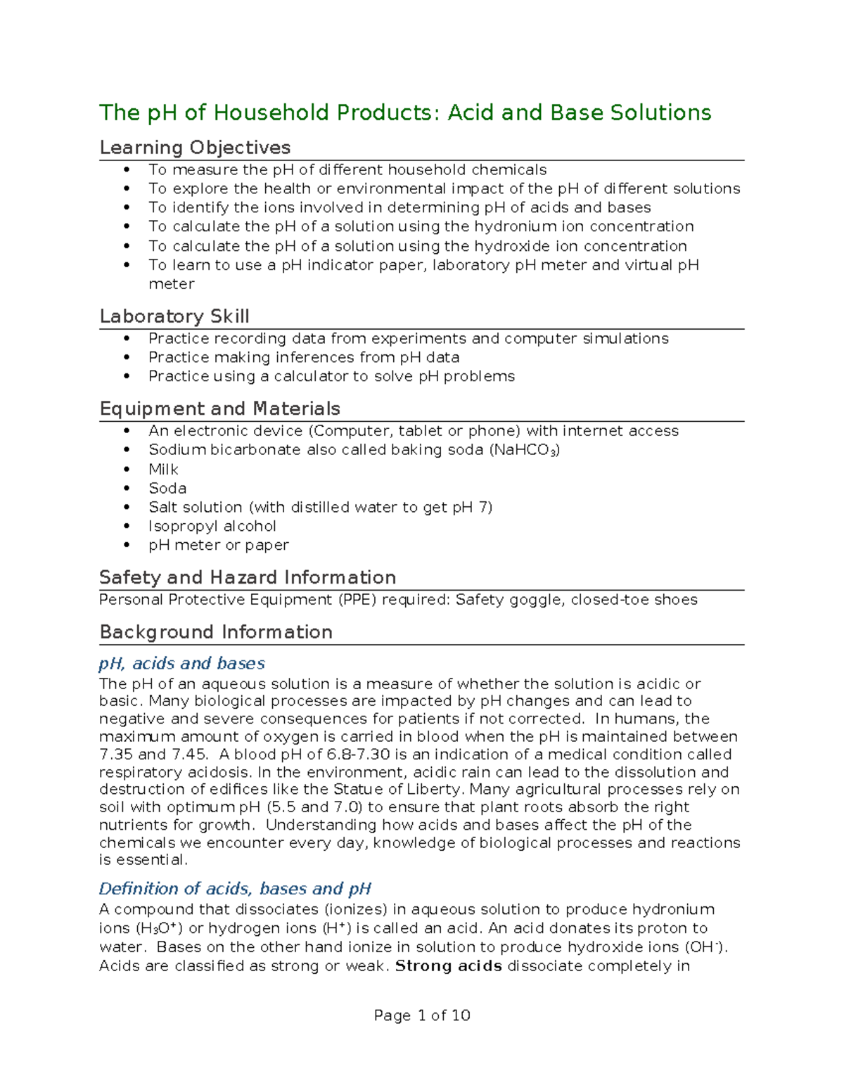 Lab-11: Measuring pH in Household Products - Acid & Base Solutions ...