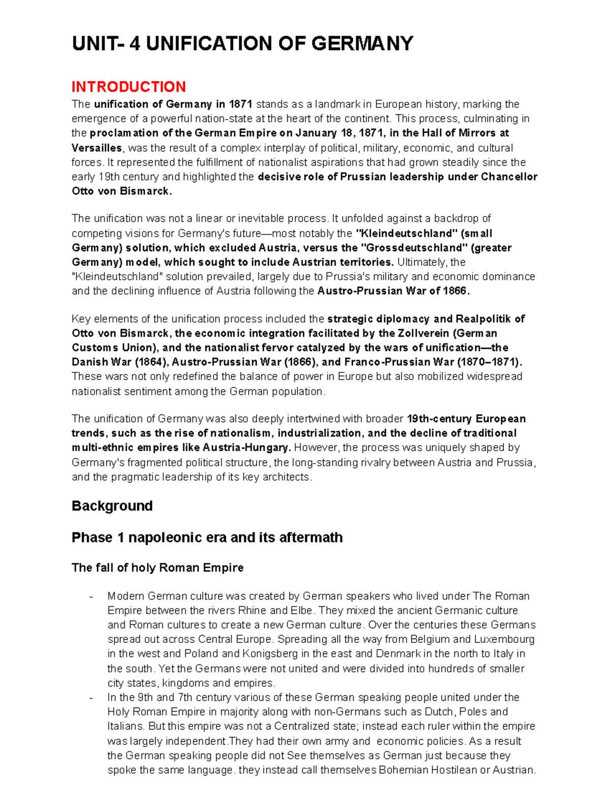 UNIT-4: Unification of Germany - Historical Overview and Key Events ...