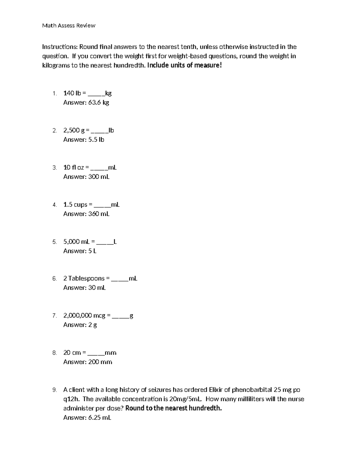 Math Assess Review - Calculations - Instructions: Round final answers ...