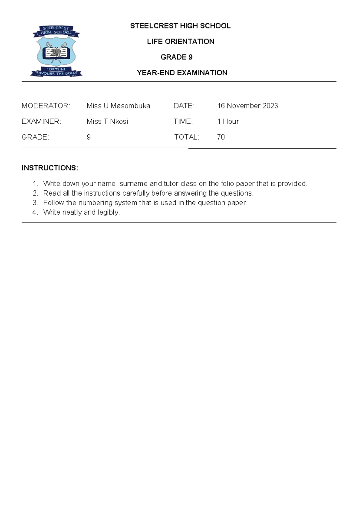 Grade 9 Life Orientation Year-End Exam (TERM 4) - 2023 - Studocu