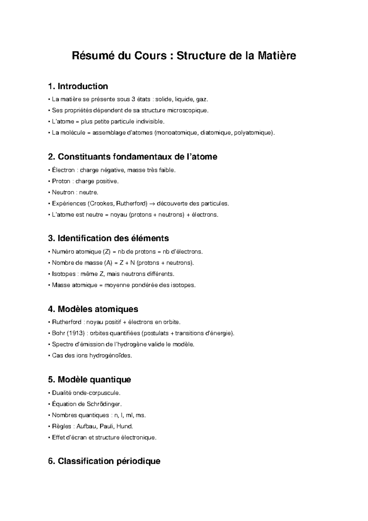 Résumé du Cours : Structure de la Matière - Cours 1 - Studocu