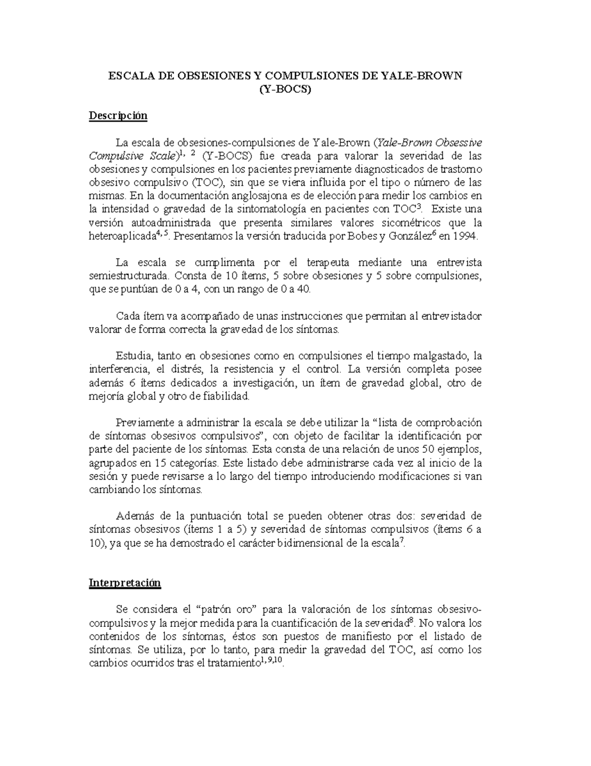 Corrección de la Escala Y-BOCS para Evaluar TOC y Sus Síntomas - Studocu