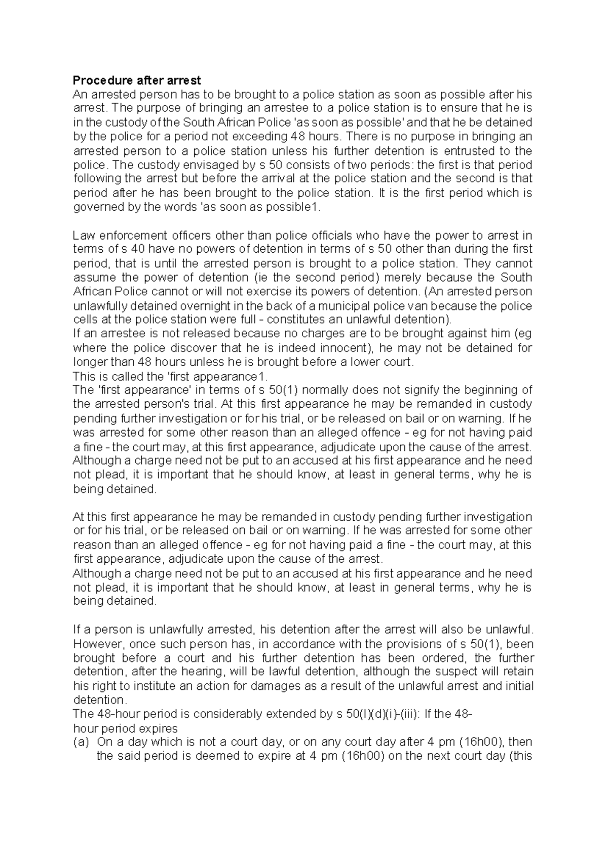 "Criminal Law S50: Procedures Following an Arrest and Detention" - Studocu