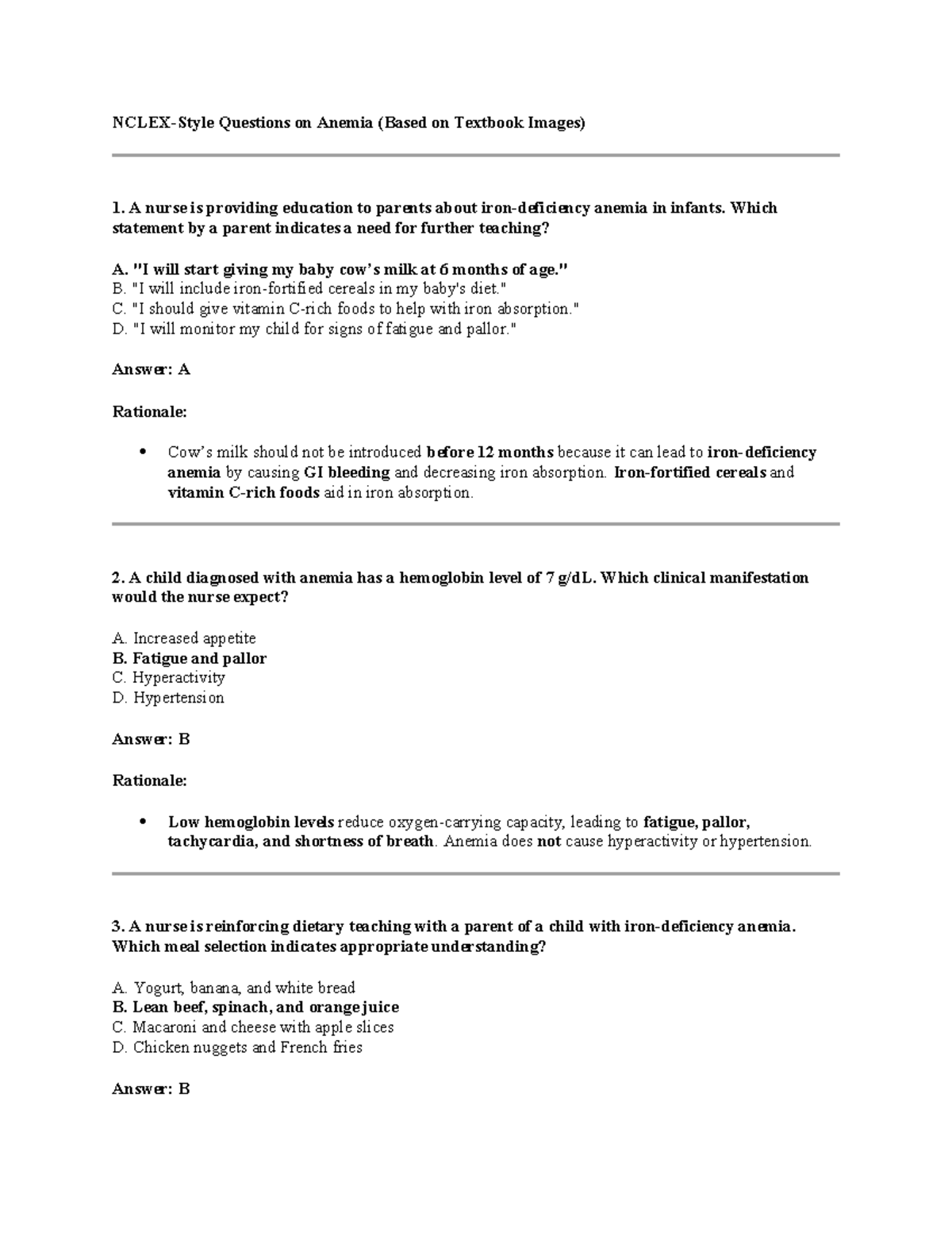 Nclex Unit 9PED - practice questions - NCLEX-Style Questions on Anemia ...