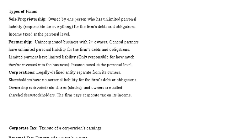 FIN300 Cheat Sheet: Types of Firms and Financial Management Concepts ...