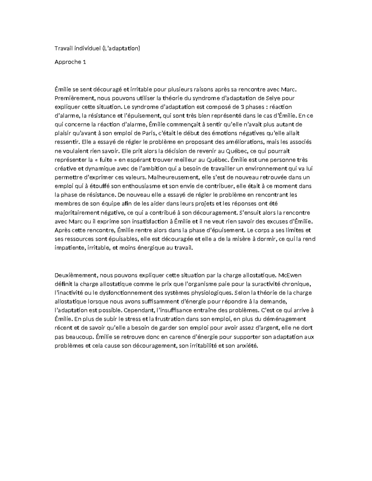 Psycho Travail Individuel : Analyse du Découragement d'Émilie - Studocu