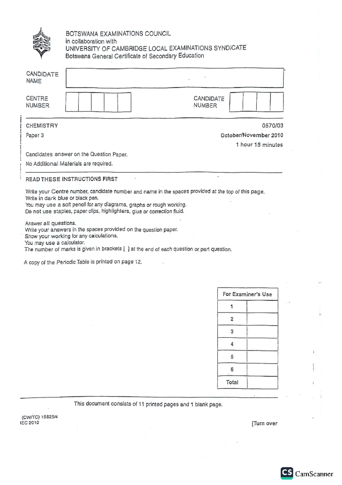 BGCSE Chemistry Paper 3 Exam 2011 - Candidate Instructions and ...