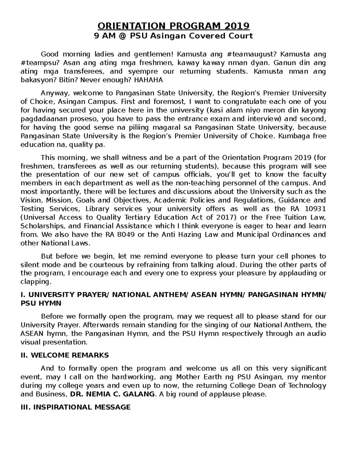 Emcee Script Orientation Program 2019 - ORIENTATION PROGRAM 2019 9 AM ...