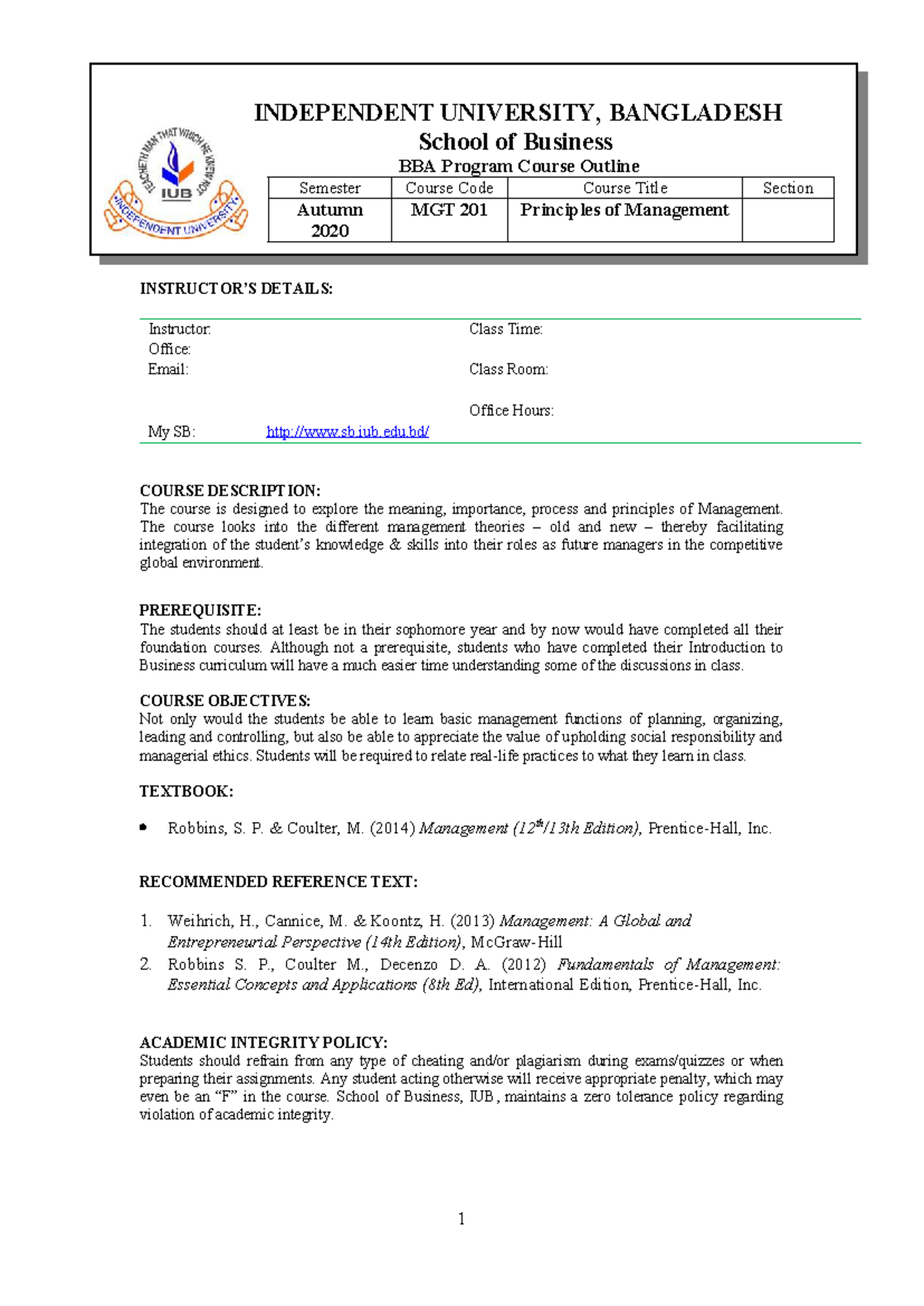 MGT 201 Course Outline: Principles of Management - Autumn 2020 - Studocu